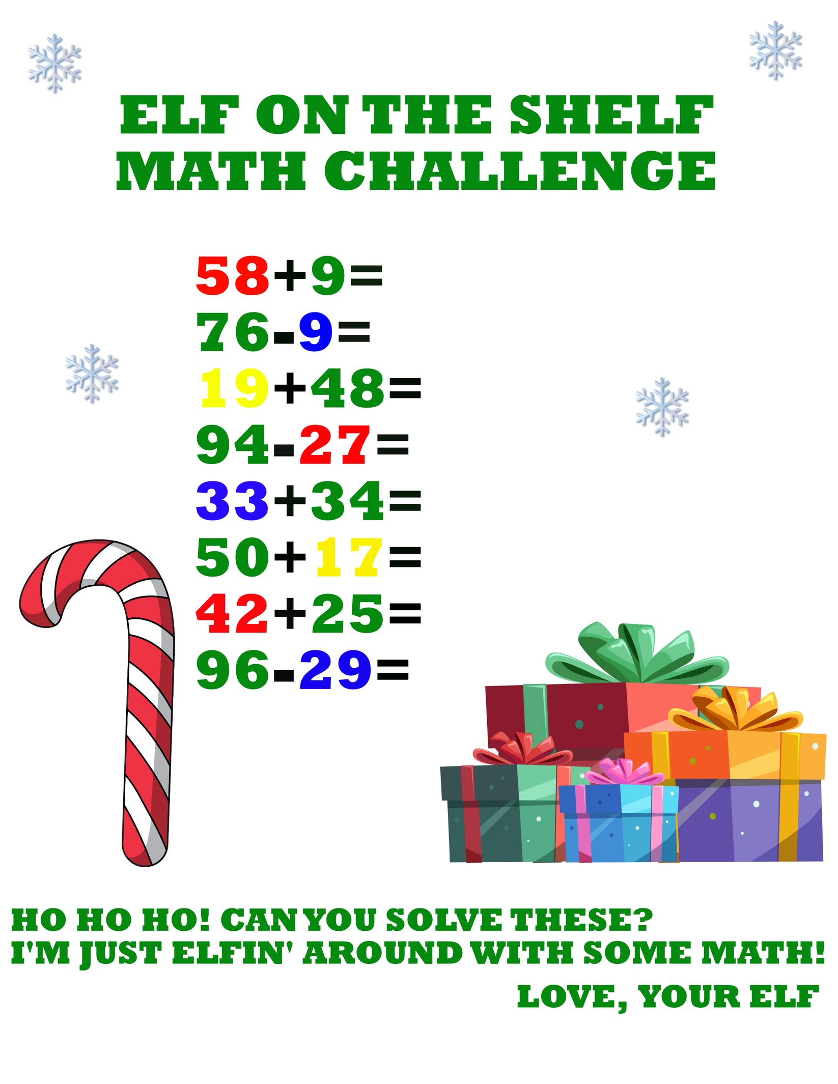 67 Math Sheet For Elf On The Shelf – Zada's Vault
